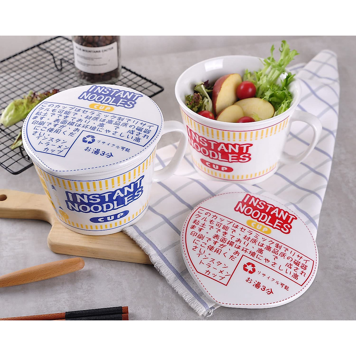 WHJY 27 oz Ceramic Modern Instant Noodles Bowl Cup Mug, Large Ramen Bowl with Handle & Lid, Ceramic Ramen Bowl, Soup Bowl, Instant Ramen Bowl, Ramen Bowls, Pasta Bowl - Red