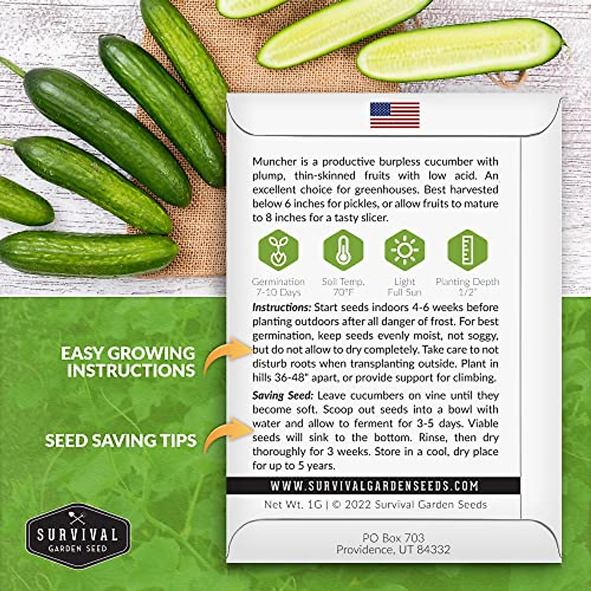Survival Garden Seeds - Muncher Cucumber Seed for Planting - Packet with Instructions to Plant and Grow Delicious Burpless Slicing Cucumbers in Your Home Vegetable Garden - Non-GMO Heirloom Variety