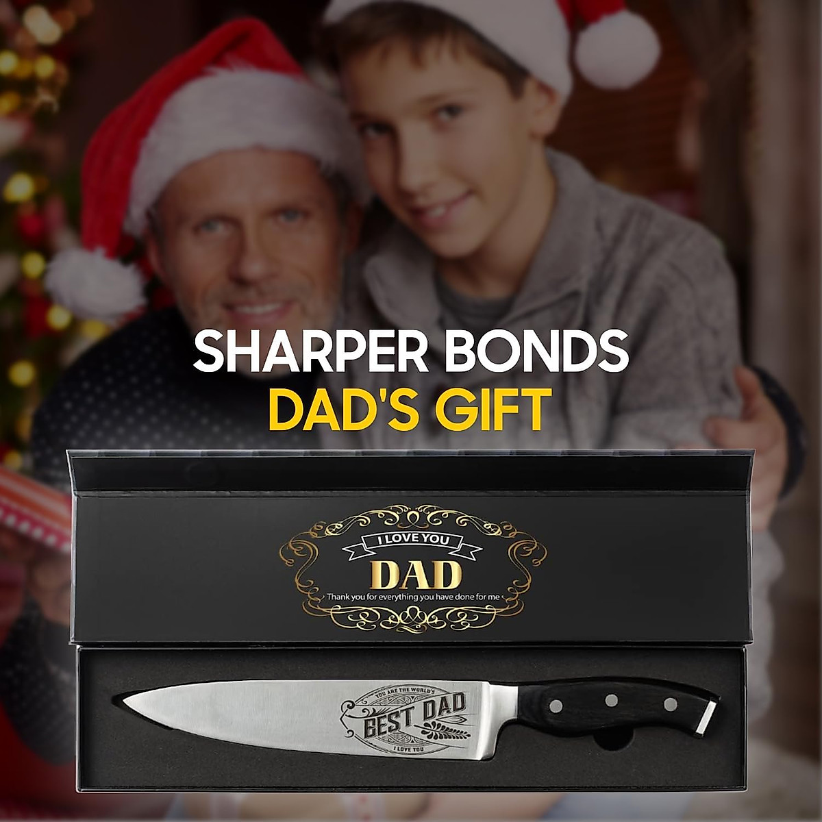 Birthday Gift BEST DAD - Premium Chef Knife Gift - 8 in. Stainless Carbon Steel Kitchen Knive w/Pakka Wood Handle - Father's Day, Christmas, Housewarming, Anniversary, Holiday Gifts by CutLinx