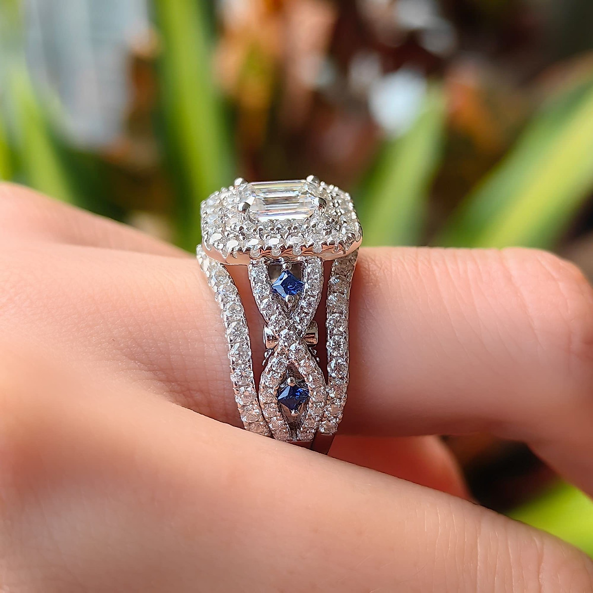 DovEggs 3.2ct Total 5x7mm GHI Emerald Cut Moissanite Antqiue Double Halo Engagement Ring Moissanite&Blue Sapphire Accents Curved Enhancer Guard Wedding Ring Set 14k Gold Quality Sterling Silver(6.5)