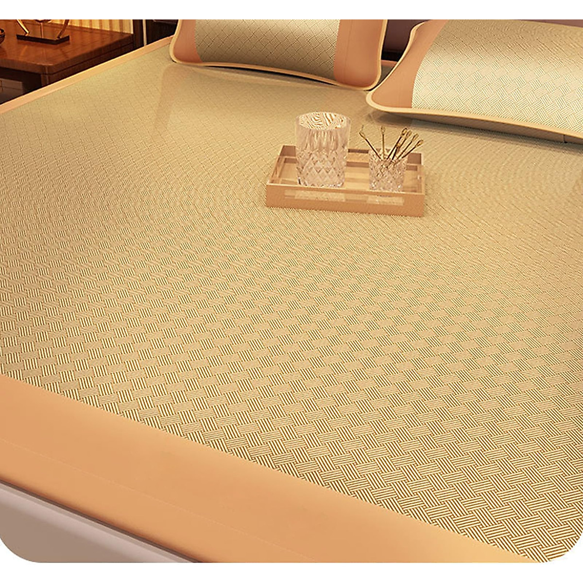 Summer Sleeping Pad Ice Rattan Mat 3 Piece Set (1 Mattress + 2 Pillowcases) Summer Ice Silk Mat Washable Cooler Mattresses (Gray, 59 * 78in/150 * 200cm)