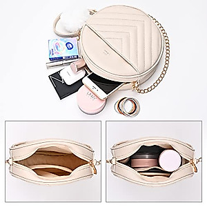 GM LIKKIE Round Crossbody Purse for Women, Circle Quilted Clutch Bag, Small PU Leather Evening Shoulder Handbag (Beige)