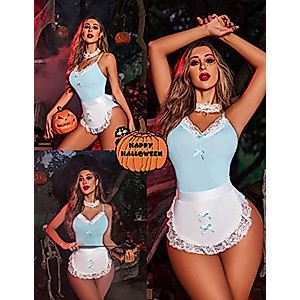 Avidlove Sexy Maid outfit for Women Snap Crotch Teddy Lingrie with Choker and Apron Baby Blue L