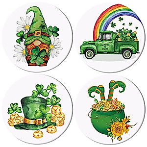 Whaline St. Patrick's Day Coaster 4Pcs Watercolor Irish Gnome Truck Rainbow Hat Leprechaun Leg Drink Coaster Irish Ceramic Coaster Cup Mat for Mugs Cups Home Kitchen Party Supplies
