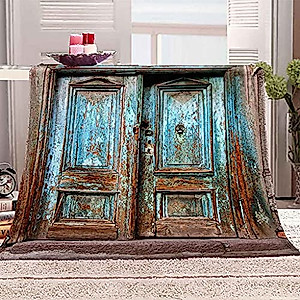 NARBOR Soft Fleece Throw Blanket - Fluffy Microfiber Solid Blankets for Bed and Couch Double/Single Size - 59X79Inch Blue, Wooden Door Printed Flannel Blanket for Bed, Couch and Sofa