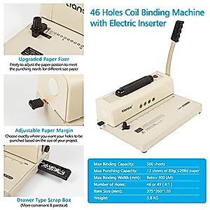 TIANSE Binding Machine, Spiral Coil Binder Machine, Electric Coil Inserter, 15 Sheets Punch Capacity, Suit for Letter Size / A4 / A5 Book Maker, with 100pcs 5/16'' Plastic Coil Binding Spines & Plier
