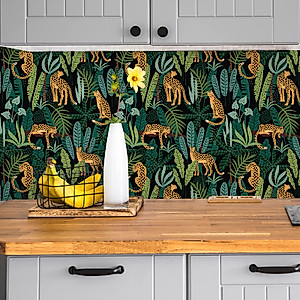 CHIHUT Leopard King Peel and Stick Wallpaper Self Adhesive Removable Jungle Animal Wallpaper Tropical Green Leaf Contact Paper Waterproof Wall Paper Decorative Vinyl Roll for Walls Cabinets 17.7”x100”