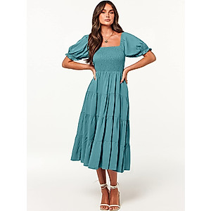 ANRABESS Women's Casual 2024 Summer Fashion Midi Dress Puff Short Sleeve Square Neck Smocked Tiered Boho Beach Dresses Lake-S