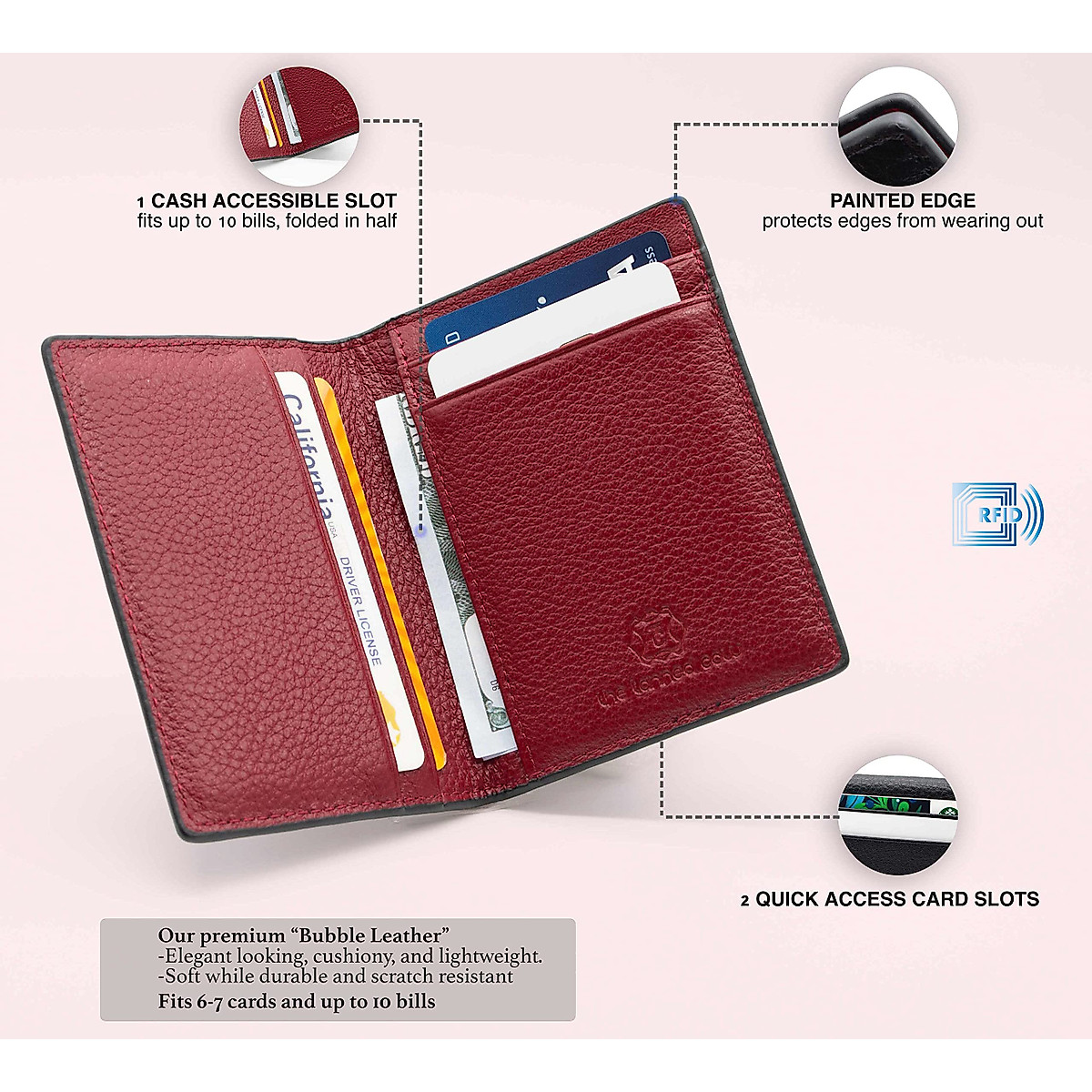 The Tanned Cow- Slim Minimalist Cardholder Wallet for Men Women, Mini Thin Leather Bifold, Compact, Front Pocket Credit Card Holder with RFID Blocking, Gift Box (Bubble leather, Black/Sangria Red)