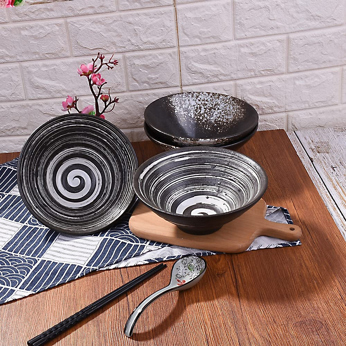 Japanese Ramen Bowls Set, 32 OZ Ceramic Noodle Soup Cereal Bowls (BSB)