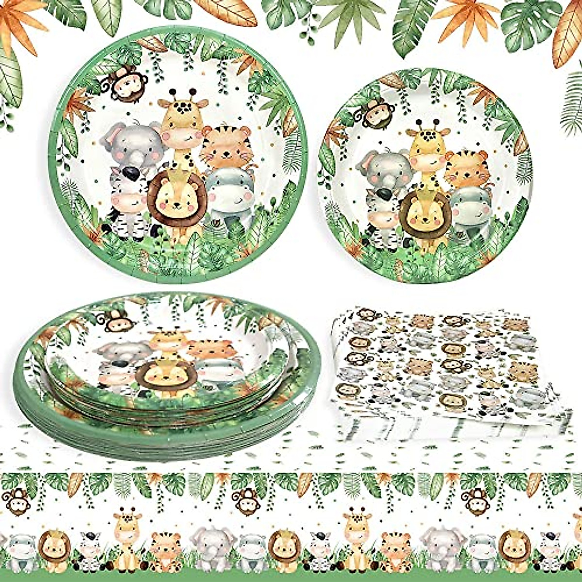 Safari Baby Shower Decorations Boy Plates Napkins and Tablecloth Set Serves 25,Jungle Animal Theme Birthday Party Supplies