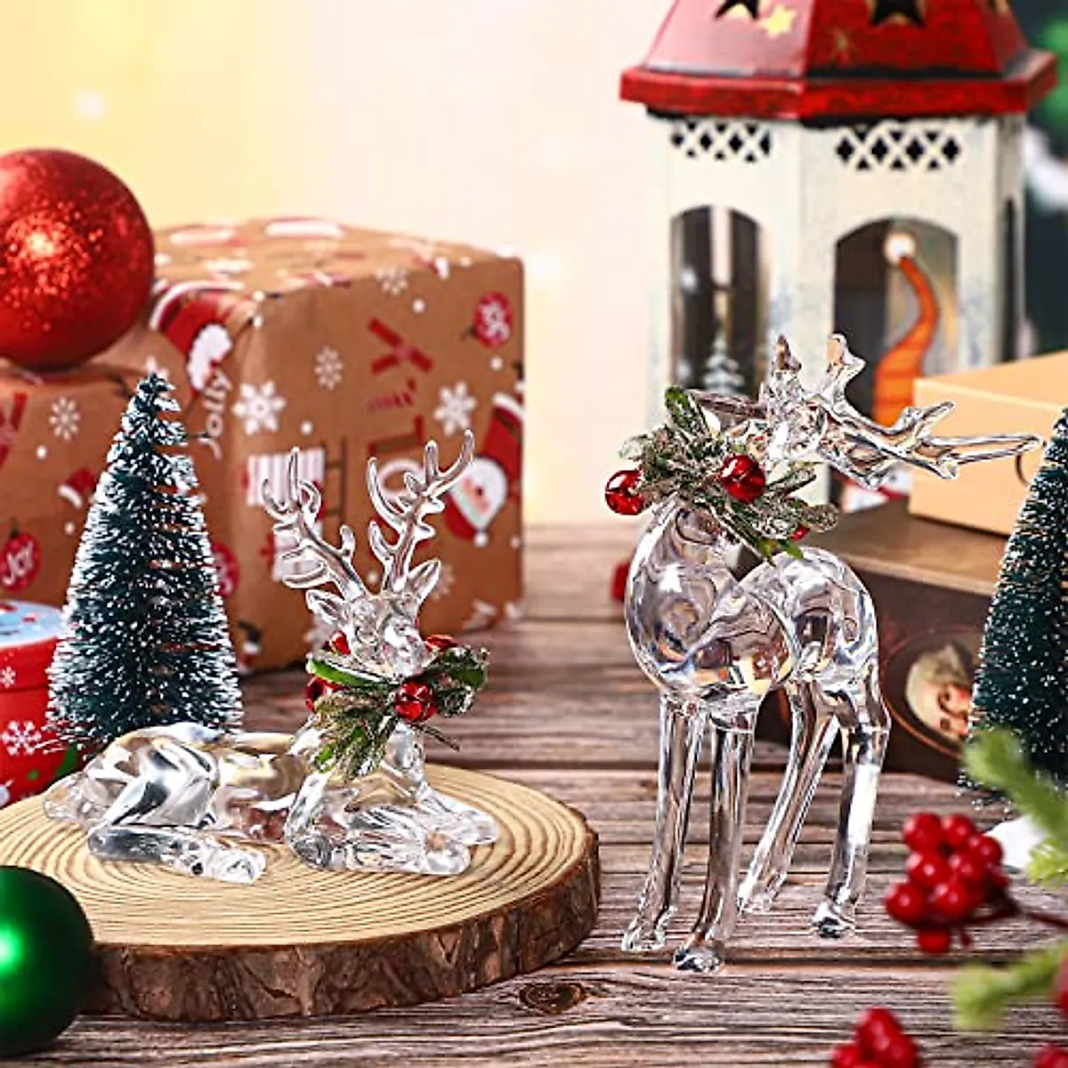 Queekay 2 Pcs Acrylic Christmas Reindeer Ornaments Clear Deer Figurine and Reindeer Table Top Decorations Holiday Table Centerpiece（Pretty Style）