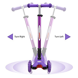 ChromeWheels Scooters for Kids, Deluxe Kick Scooter Foldable 4 Adjustable Height 132lbs Weight Limit 3 Wheel, Lean to Steer LED Light Up Wheels, Best Gifts for Girls Boys Age 3-12 Year Old, Purple