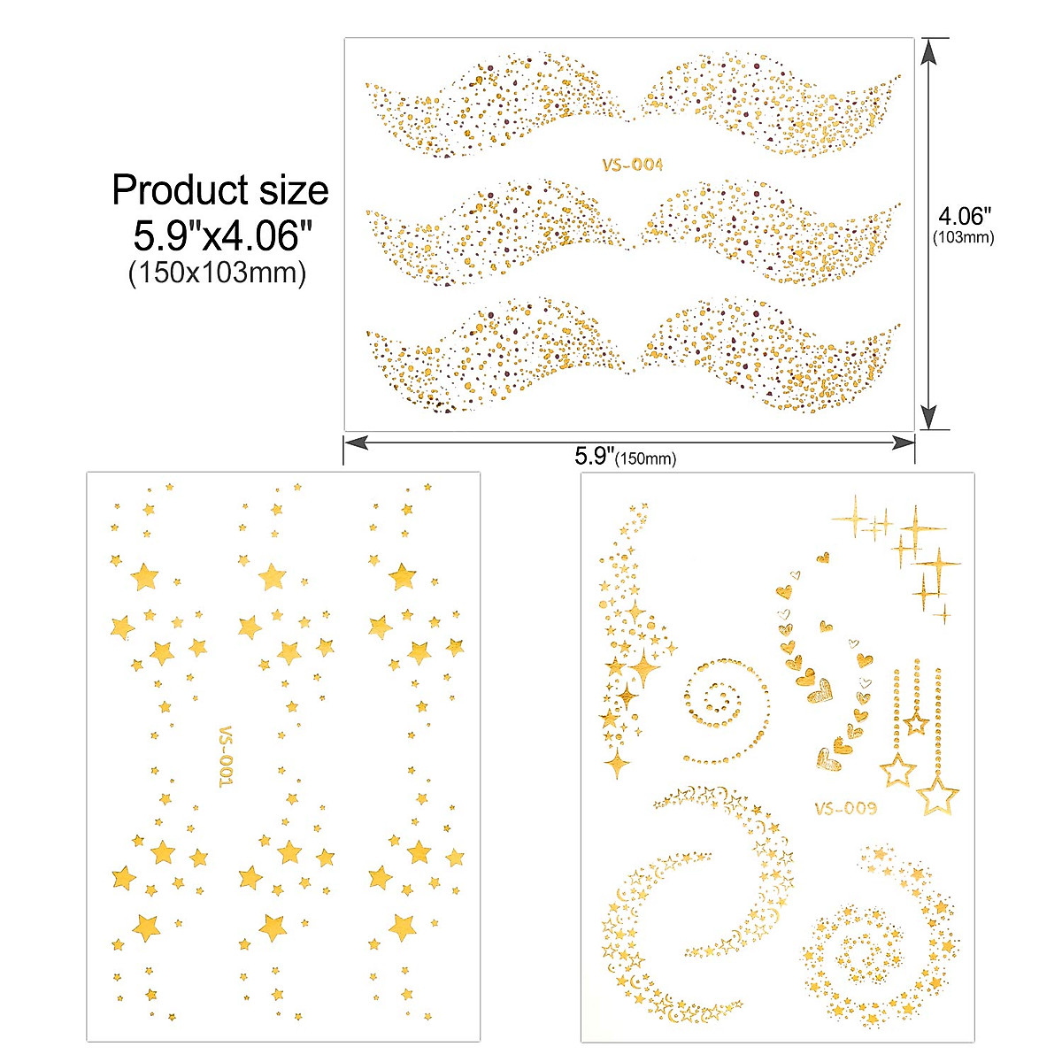 Konsait 7sheets Face Tattoo Sticker Metallic Temporary Transfer Tattoo Waterproof Face Jewel s for Women Girls Make Up Dancer Costume Parties, Shimmer Glitter Designs Gold Tattoos