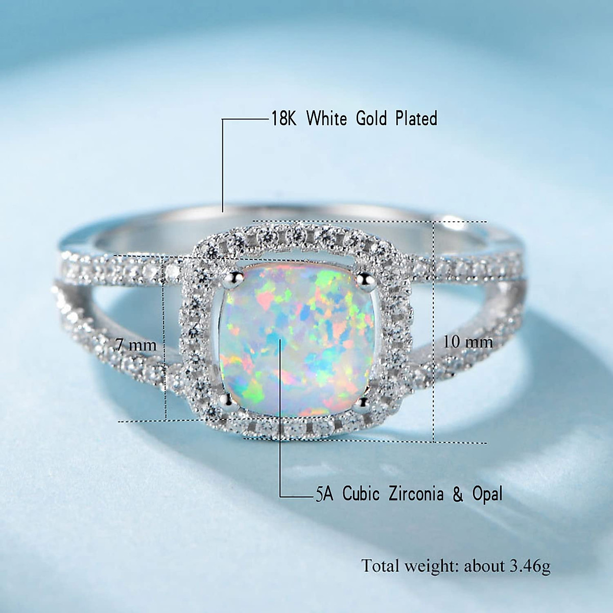 MDFUN Opal Halo Wedding Band White Gold Engagement Ring 7mm Opal Promise Eternity Ring for Women Size