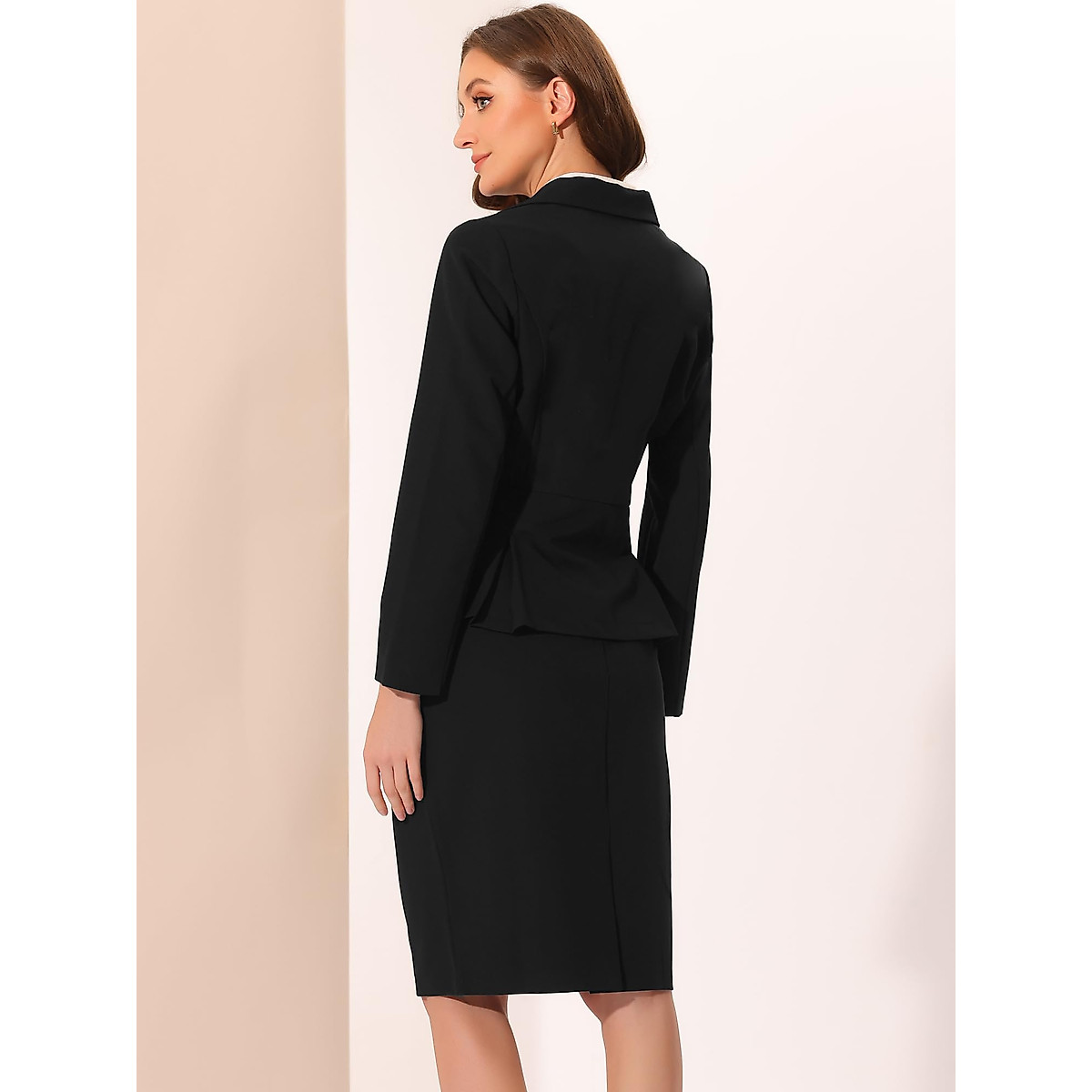 Allegra K Skirt Suit Sets for Women's 2 Piece Formal Office Notched Lapel Peplum Jacket Blazer Pencil Skirts Set Large Black