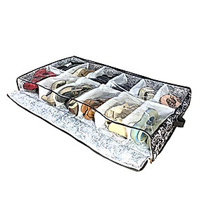 Shonpy Men/Woman 12 Cells See Through Underbed shoes and boots Storage Bag Organizer with black and white flower (black)