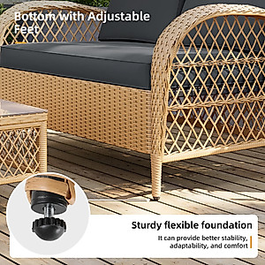 UPHA Patio Outdoor Furniture Set, Beige PE Rattan Patio Conversation Sets, 4 Pieces Wicker Patio Set with Loveseat, 2 Chairs, Coffee Table and Cushions for Backyard, Porch,Darkgrey