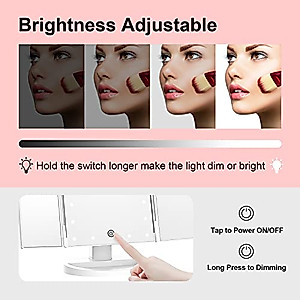 Vanity Mirror with Lights, Lighted Makeup Mirror with 2X 3X 10X Magnification, 21 LED Trifold Compact Touch Dimming Light Up Mirror, Dual Power Supply, Gifts for Women (White)