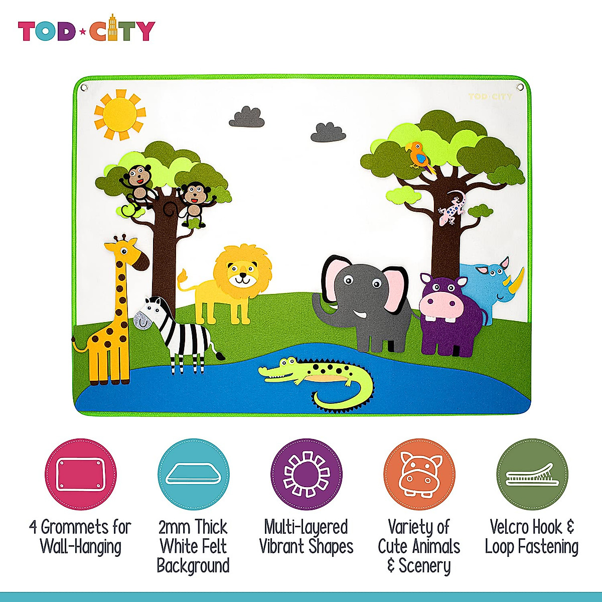 Tod City Flannel Felt Story Board Set: in The Jungle - Large Wall Hang 25 Pre-Cut Piece Interactive Learning Toy for Preschool, Kindergarten, 3+ Year Old Children