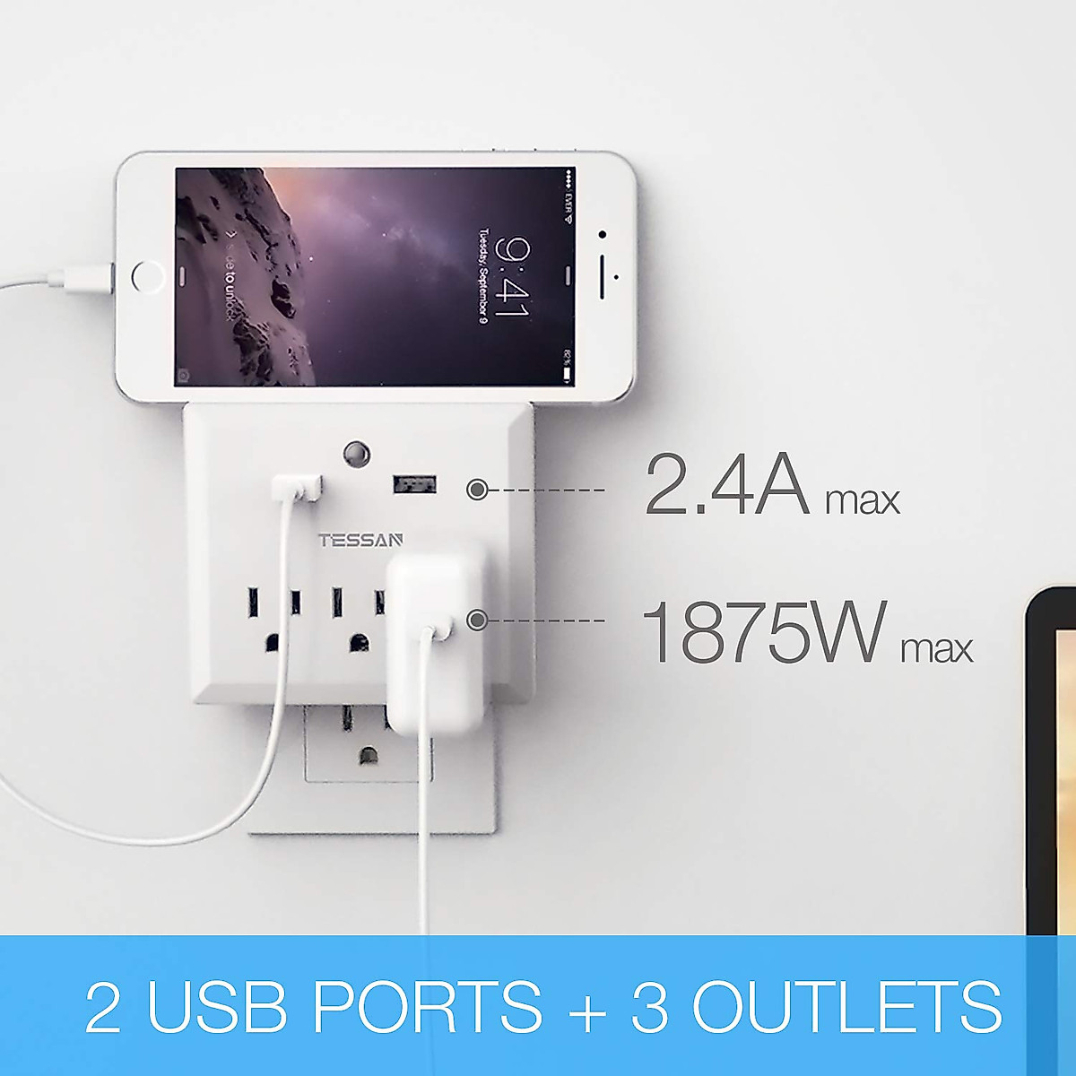 Multi Plug Outlet Extender with USB Wall Charger and Night Light, 3 Electrical Outlet Splitter 2 USB Phone Charger Wall Plug for Cruise Essentials, Multiple Power Outlet Expander with Charging Station