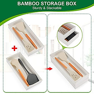 Lixple Kitchen Drawer Organizer - 2 Pack, Stackable Bamboo Drawer Organizers, Wooden Storage Box Tray for Cabinet, Pantry, Bathroom Countertop, Multi-use Organization and Storage (White)