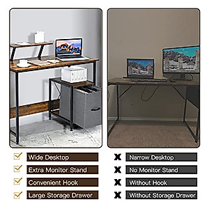 Tangkula Computer Desk with Reversible Fabric Drawer & Moveable Shelf, Industrial Style Study Writing Desk, Large PC Laptop Desk w/Hook, Home Office Computer Workstation (Black & Rustic Brown)