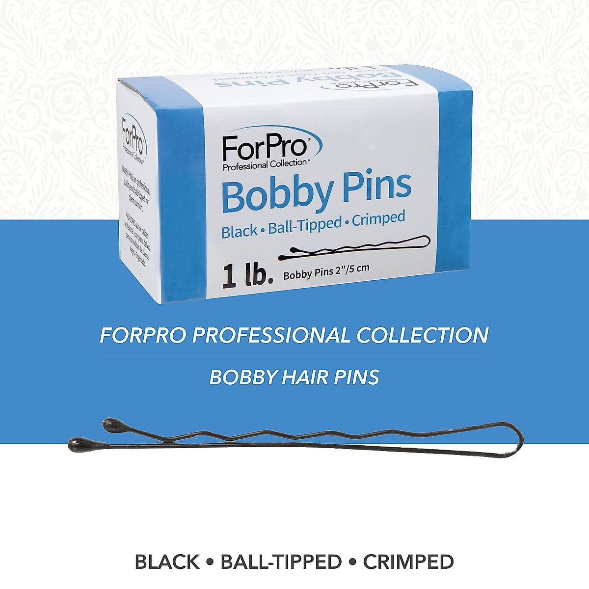 ForPro Professional Collection Bobby Pins (400-Count Approx), Black, 2" L, Ball-Tipped, Crimped, Non-Slip, Non-Damaging, 1 Lb.