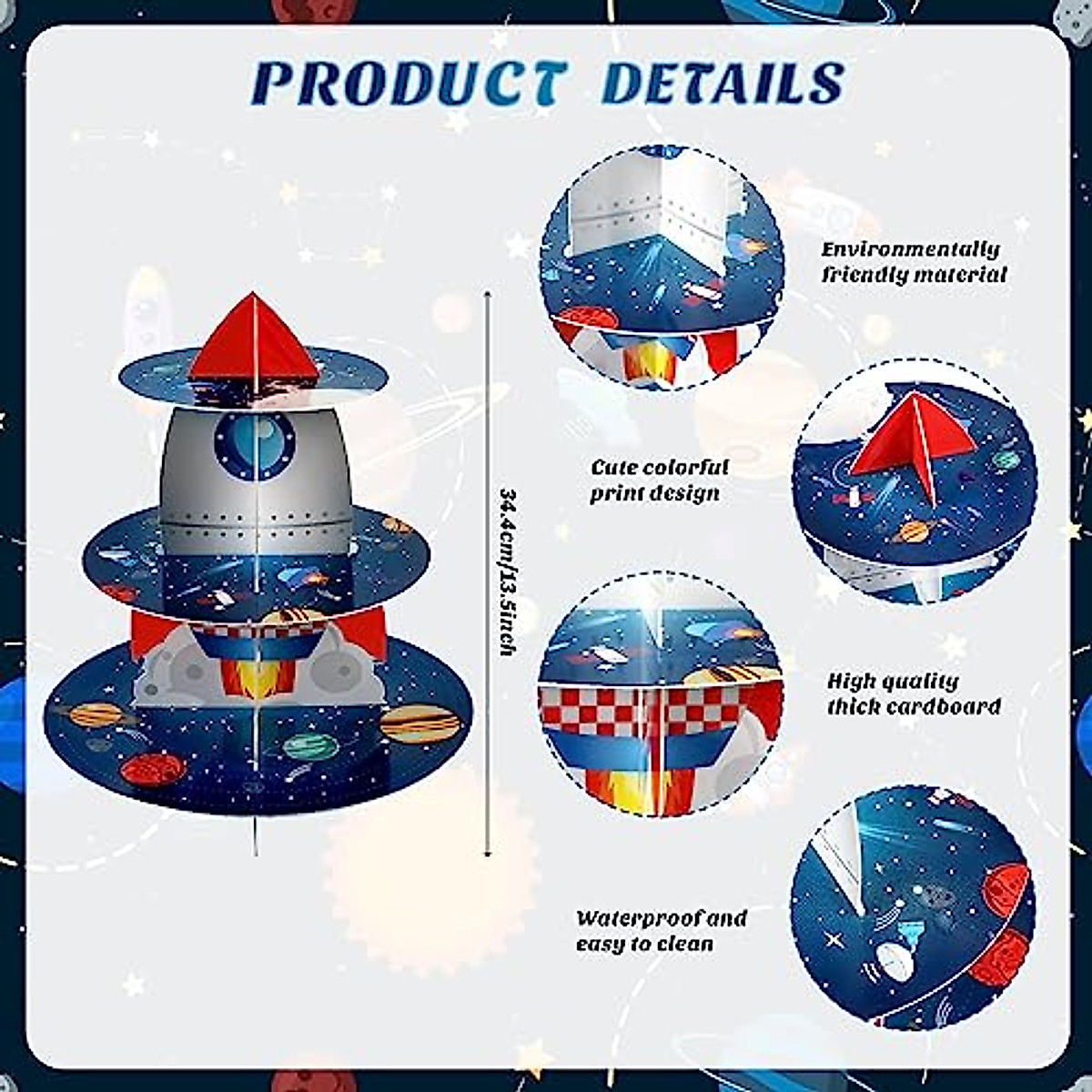 Space Cupcake Holder, Rocket Theme Birthday 3 Tier Cardboard Cupcake Stand, Galaxy Style Dessert Tower Display for Party Supplies Decoration