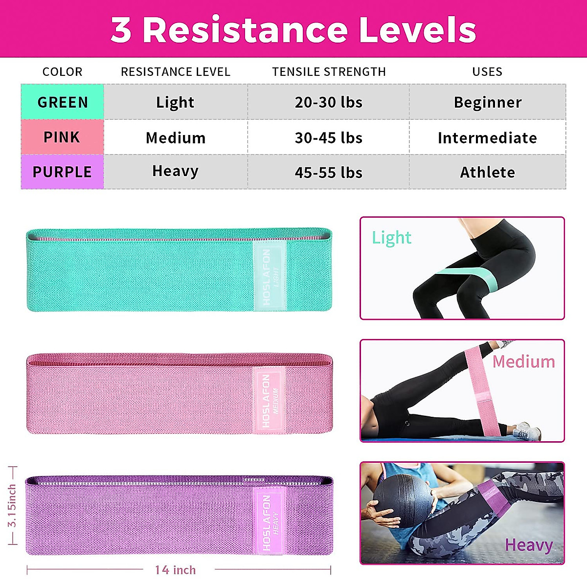 HOSLAFON Resistance Bands Set Exercise Workout Fitness Booty Bands for Working Out Resistance Loops Bands for Women Elastic Bands for Exercise Pull up Assistance Bands Stretch Bands Stretching Strap