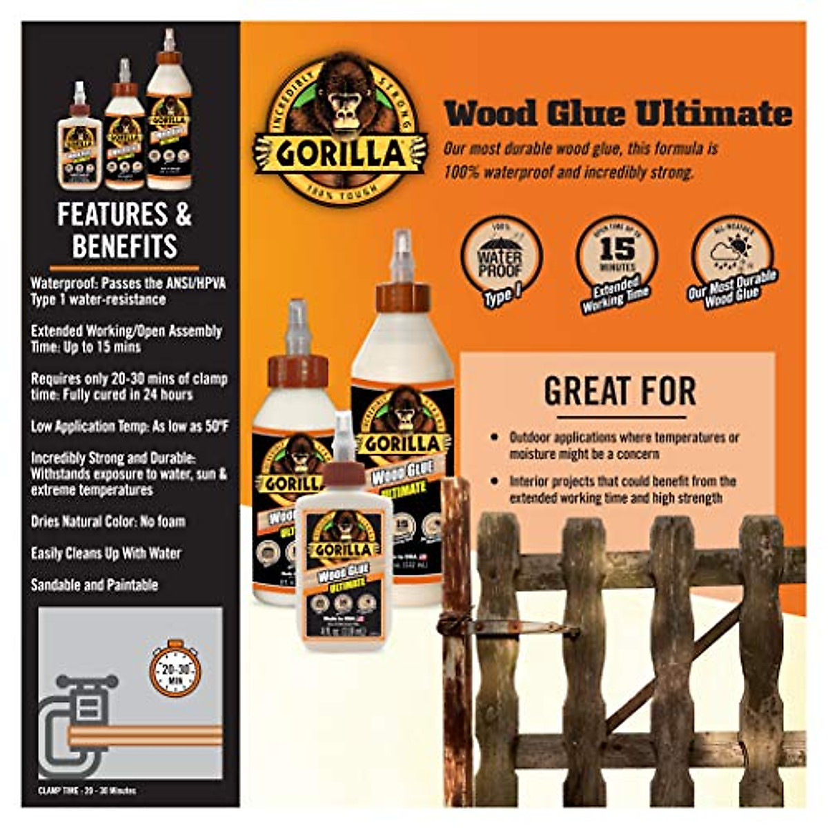 Gorilla Ultimate Waterproof Wood Glue, 8 Ounce, Natural Wood Color, (Pack of 1)