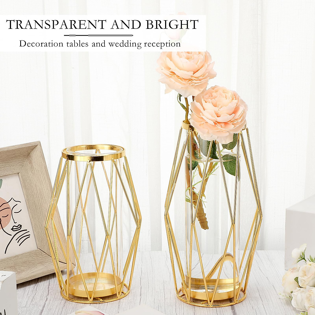 Lallisa 8 Pcs Gold Flower Vase Glass Vase Metal Geometric Vase Geometric Centerpiece with Glass Tall Geometric Candleholders for Candle Rose Table Wedding Living Room Decorations, 9.45 Inch, 7.87 Inch