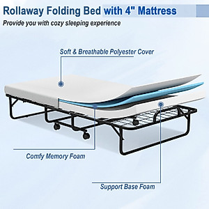 Giantex Folding Bed with 4" Mattress for Adults, Twin Size Rollaway Guest Beds w/Sturdy Metal Frame & Memory Foam Mattress, Easy Storage, Portable Bed on Wheels for Office Room Living Room