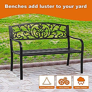 Patio Bench 50in Coated Cast Iron Steel Frame Outdoor Bench,Garden Bench Double Seat with Pattern Backrest&Armrests for Garden Backyard Lawn Porch Path Patio Furniture Chair,Black,50x24x34.6inch