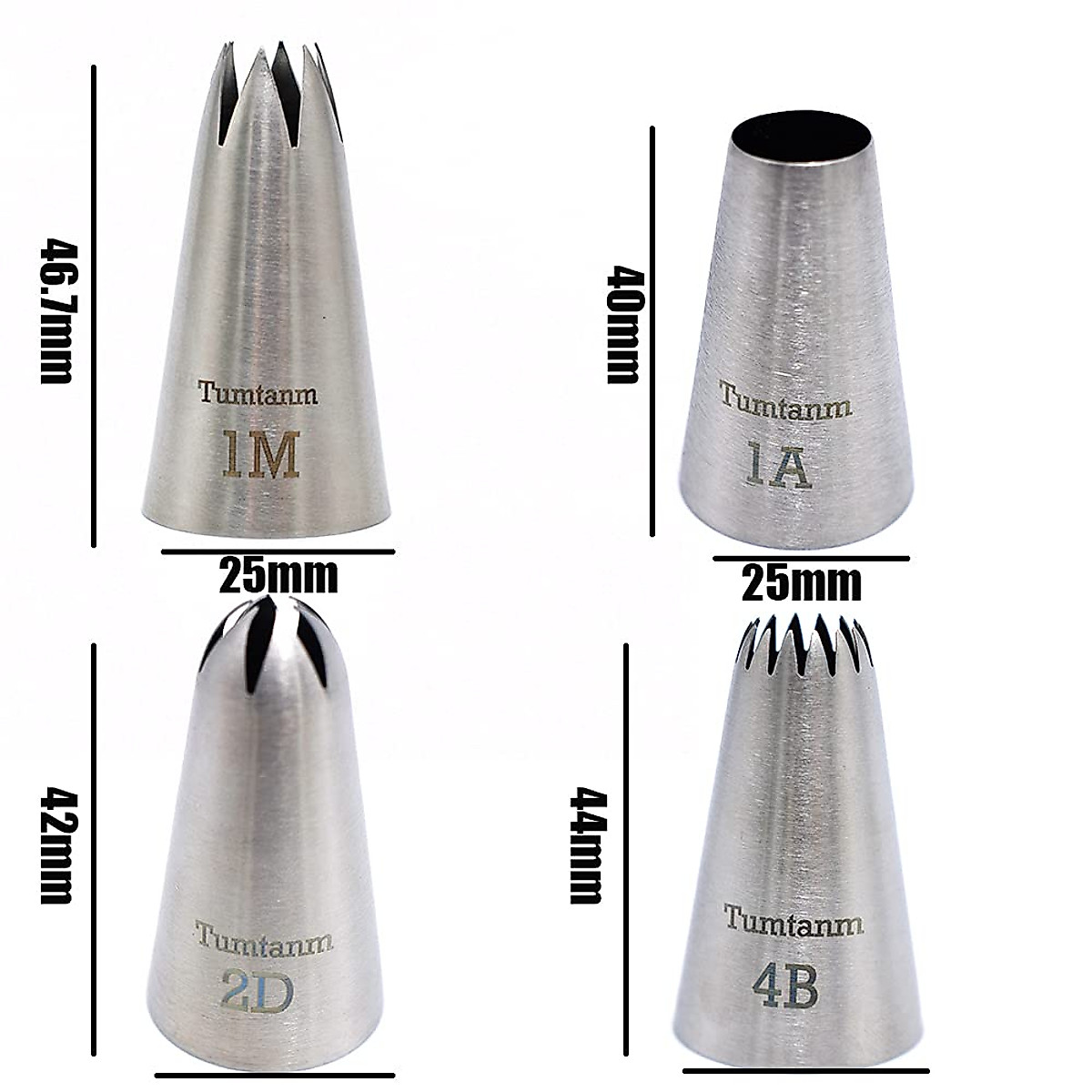 Tumtanm Professional Large Piping Nozzles, 4pcs Stainless Steel Seamless Icing Piping Nozzle Tip Set for Cakes, Cupcakes and Baking