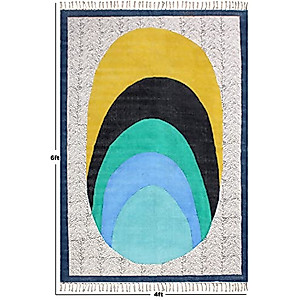 Casavani Indian Handmade Cotton Dhurrie Bordered Blue & Yellow Area Rug Boho Kilim Flat Weave Rug Indoor Hall Room Decor Carpet Throw Rugs for Bedroom Living Room Bathroom Balcony 6x12 Feet Runner
