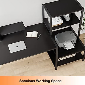 GreenForest Computer Desk 68.8 inch with Storage Printer Shelf Home Office Desk with Movable Monitor Stand and 2 Headphone Hooks for Study Writing PC Gaming Working, Black