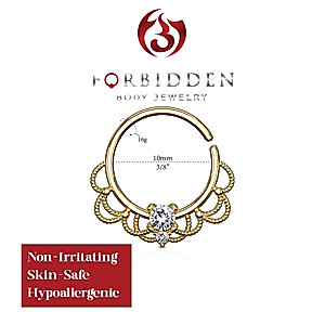 Forbidden Body Jewelry 16g 18k Gold Plated Brass Filigree Septum and Cartilage Hoop with Clear CZ Crystal Center