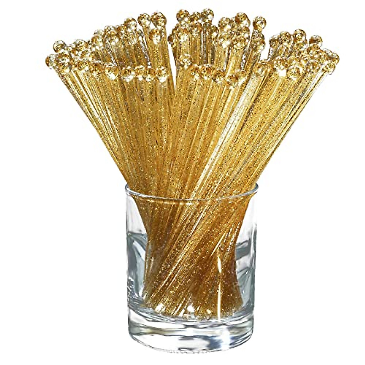 Ball Head Stirrer Disposible Plastic Round Top Crystal Swizzle Sticks ，Crystal Cake Pops, Cocktail Coffee Drink Stirrers 100 Pieces (Clear Gold Glitter)