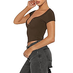 REORIA Women’s Summer Sexy Casual Henley V Neck Button Down Short Sleeve Going Out Y2K Ribbed Tshirts Crop Tops Coffee Large