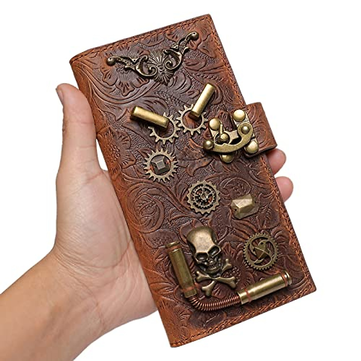 Eamom Genuine Leather Wallet for Women Embossed Punk Clutch Skull Top Layer Leather Wallet with Printing Multi Card Capacity