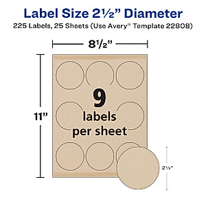 Avery Printable Round Labels, 2.5" Diameter, Kraft Brown, 1,125 Customizable Labels (22808)