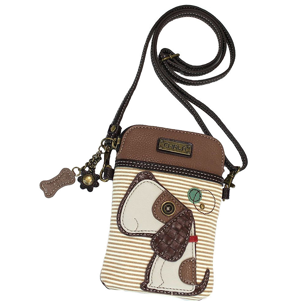 Chala Toffy Dog Cellphone Crossbody Handbag - Convertible Strap (Brown Stripe)