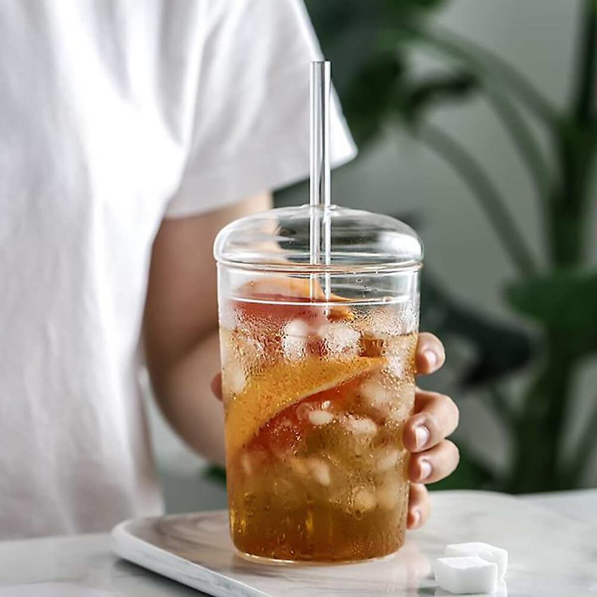 DOITOOL Glass Cups with Lid and Straw- Clear Aesthetic Cups Boba Cup- Glass Water Bottles Reusable Tumbler with Lid and Straw for Bubble Tea Juice Iced Coffee