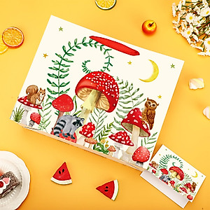 Mushroom Gift Bag for Mushroom Party Decoration Mushroom Birthday Gift Bag with Tissue Papers and Card Mushroom Themed Wrapping Bags Squirrel Owl for Boys Girls Jungle Party Favor Bags Baby Shower