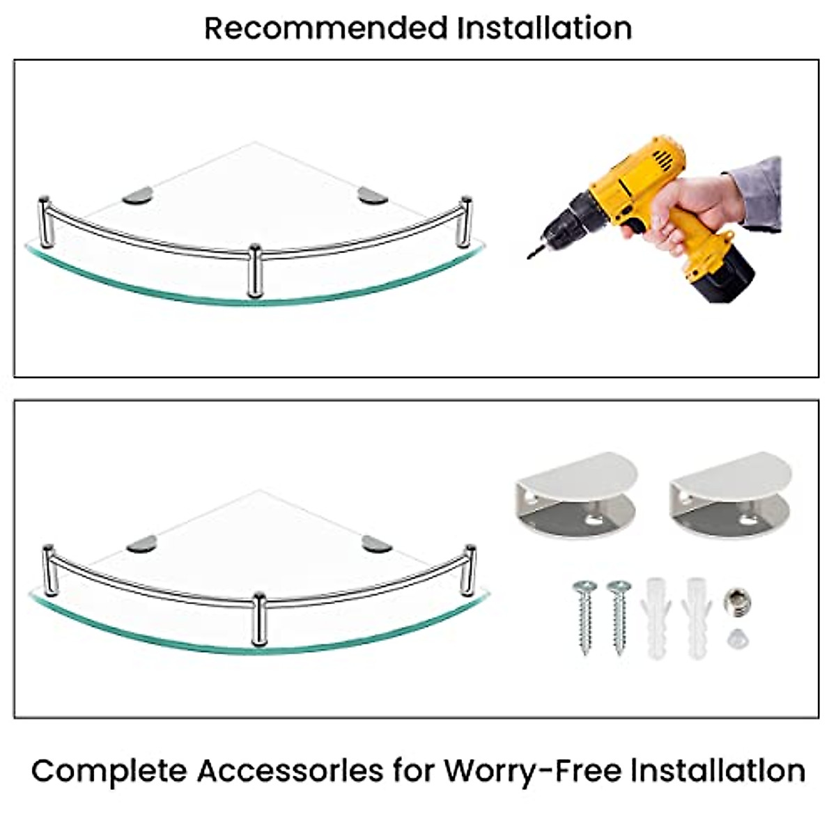 YorkHoMo Glass Corner Shelf Glass Shelves for Bathroom Shower Corner Shelf with Rail Wall Mounted Drill Hole for Inside Shower 2 Pack