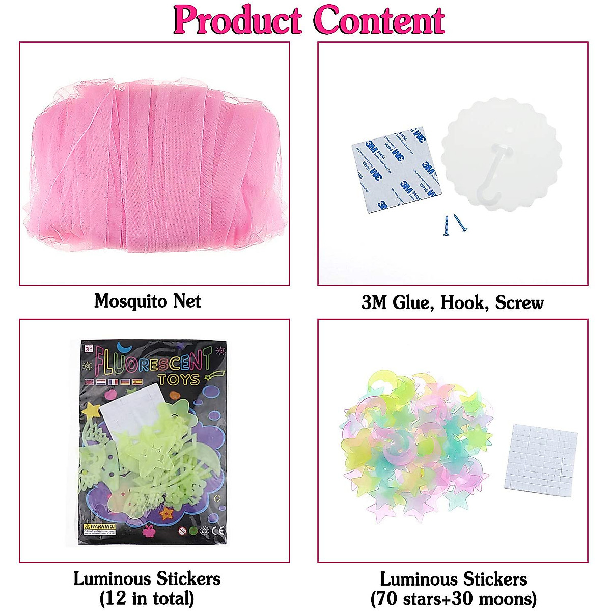 Glamorstar Bed Canopy for Girls Princess Mosquito Net Glow in The Dark Stars and Moon Crib Hanging Tent Bedroom Decor Gift for Kids Pink Crwon