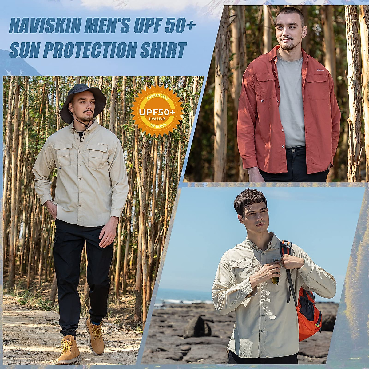 NAVISKIN Men's Sun Protection Fishing Shirts UPF 50+ Long Sleeve Sun Shirts for Men PFG Hiking Travel Shirts Grey Size M