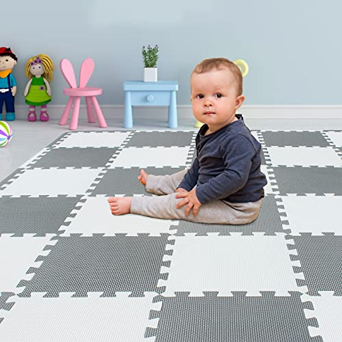 Yostrong 18 Tiles Interlocking Puzzle Foam Baby Play Mat with Straight Edges for Playing - EVA Babies Crawling Mat | Rubber Floor Work out Mats for Home Gym. White, Gray. YOC-ALb18S18