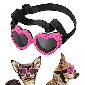 Lewondr Small Dog Sunglasses UV Protection Goggles Eye Wear Protection with Adjustable Strap Doggy Heart Shape Anti-Fog Sunglasses for Pet Dogs Sun Glasses Doggie Windproof Glasses, Pink
